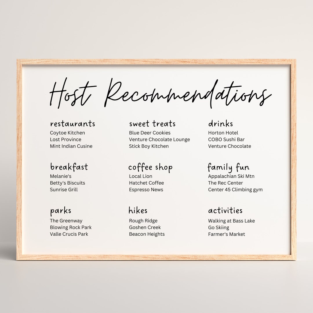 Airbnb Host Recommendations Sign: Local Guide Template (digital ...