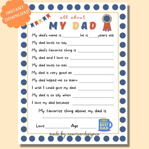 All About My Dad Printable, Father's Day Questionnaire, Father's Day ...