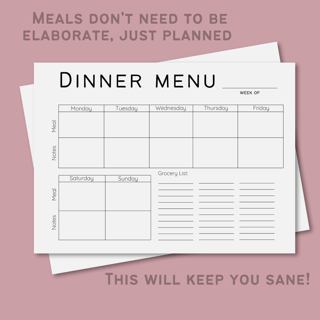 Weekly Menu Plan Template, Weekly Menu Printable, Dinner Plan PDF, Meal ...