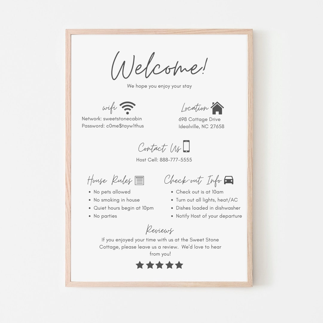 Airbnb Welcome Sign: House Rules, Wifi, Editable Template (digital ...