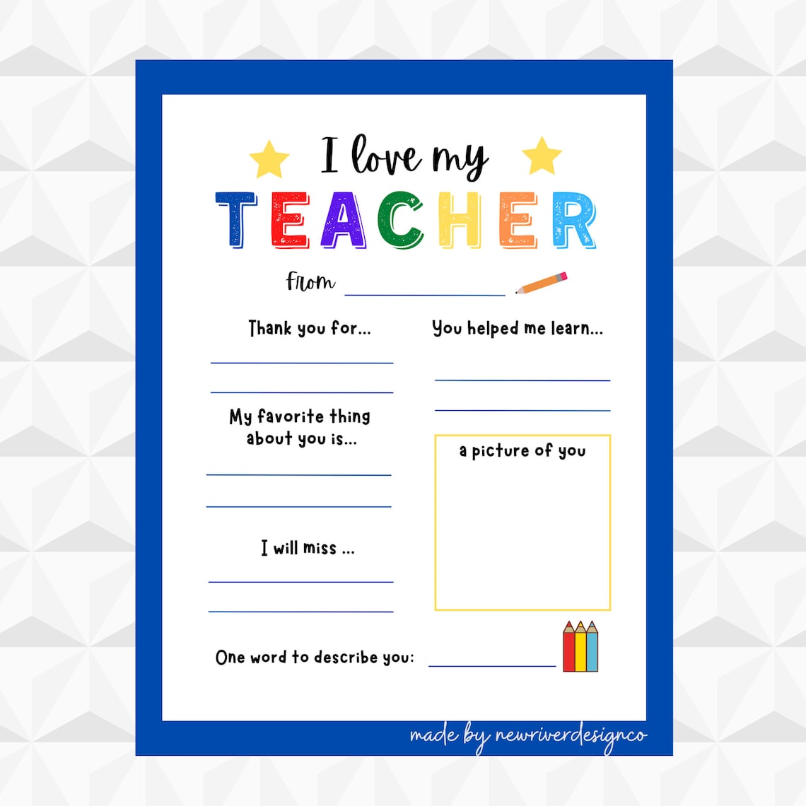 Teacher Thank You Questionnaire: End of Year Gift (digital) - Etsy