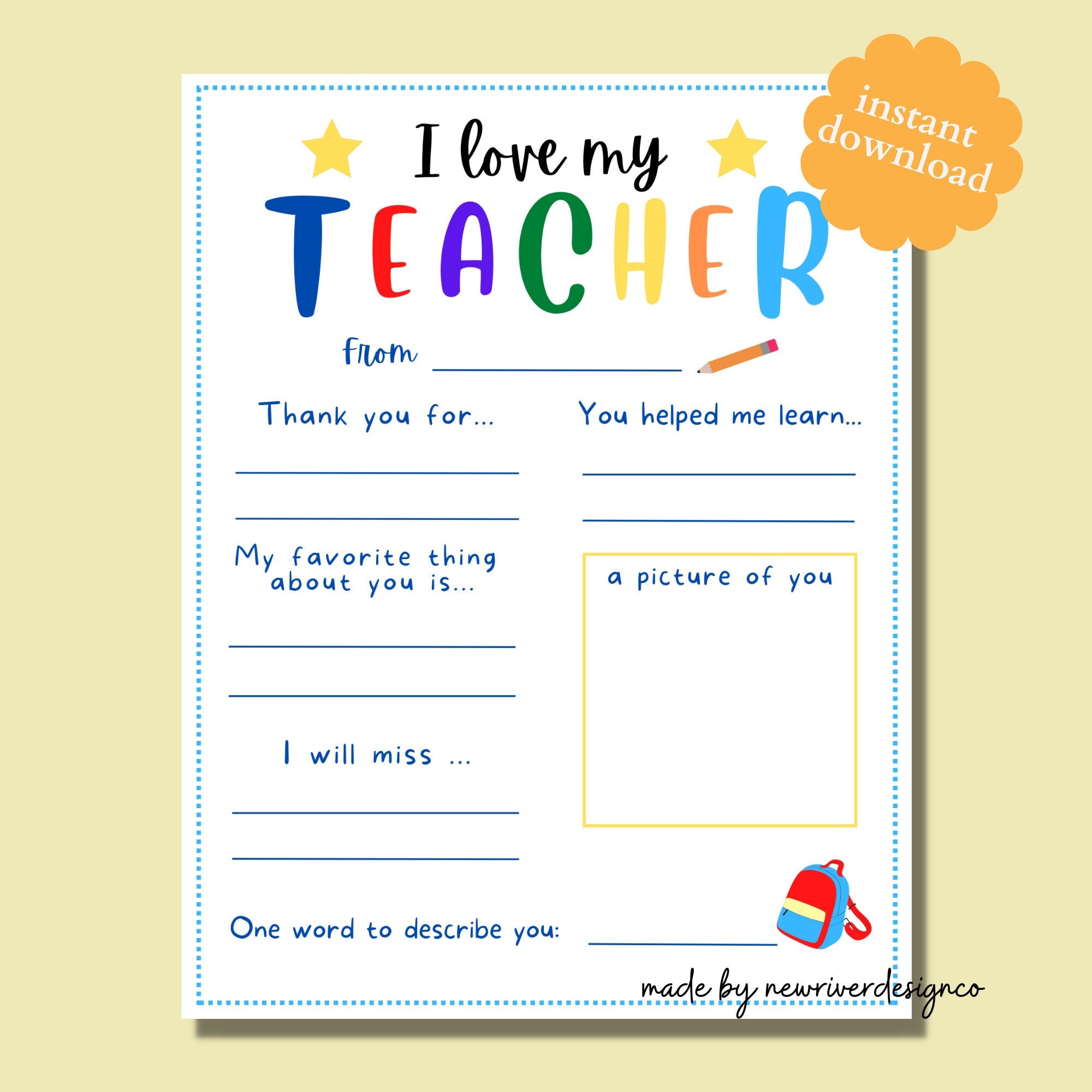 Teacher Thank You Printable I Love My Teacher Teacher - Etsy Australia