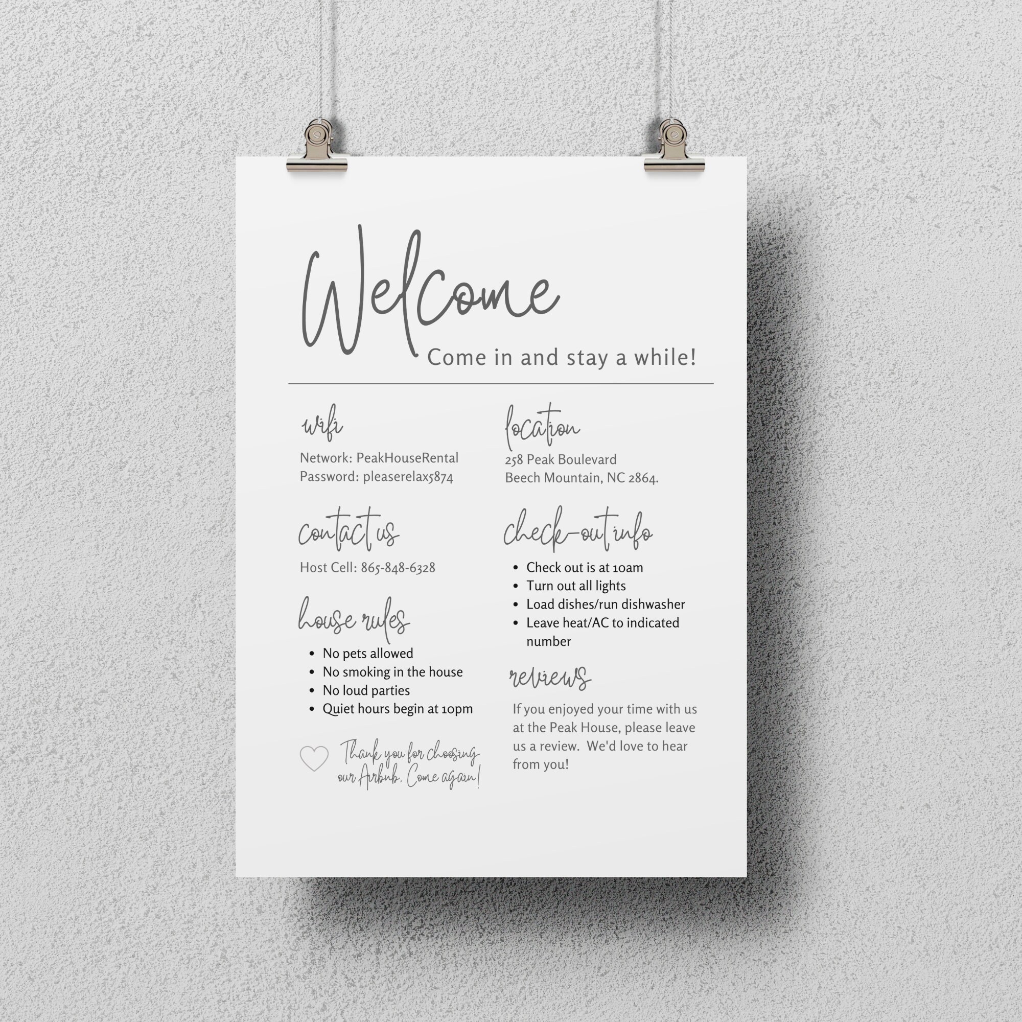 1 Page Welcome Sign Template for Airbnb Host House Rules - Etsy