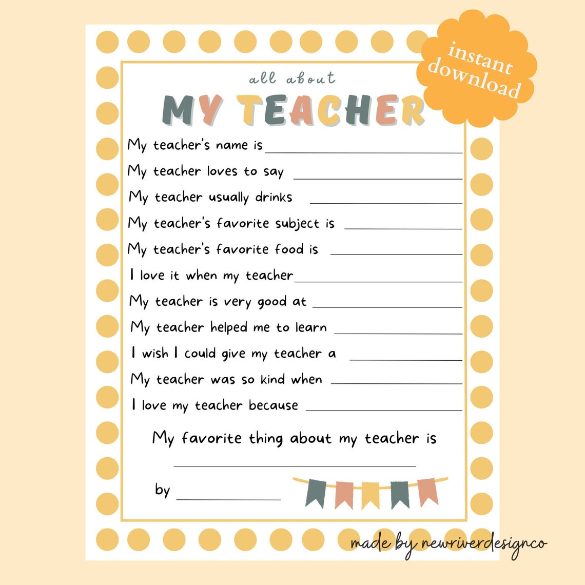 Teacher Appreciation Questionnaire Printable: All About My Teacher ...
