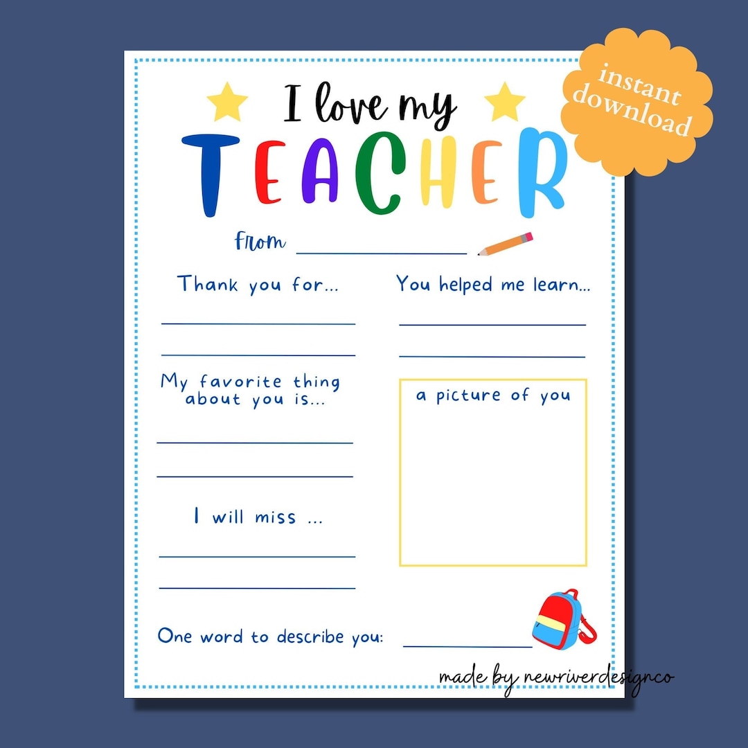 Teacher Thank You Printable, I Love My Teacher, Teacher Appreciation ...