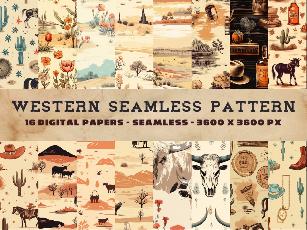 16 Western Seamless Design Bundle, Vintage Western Digital Paper ...