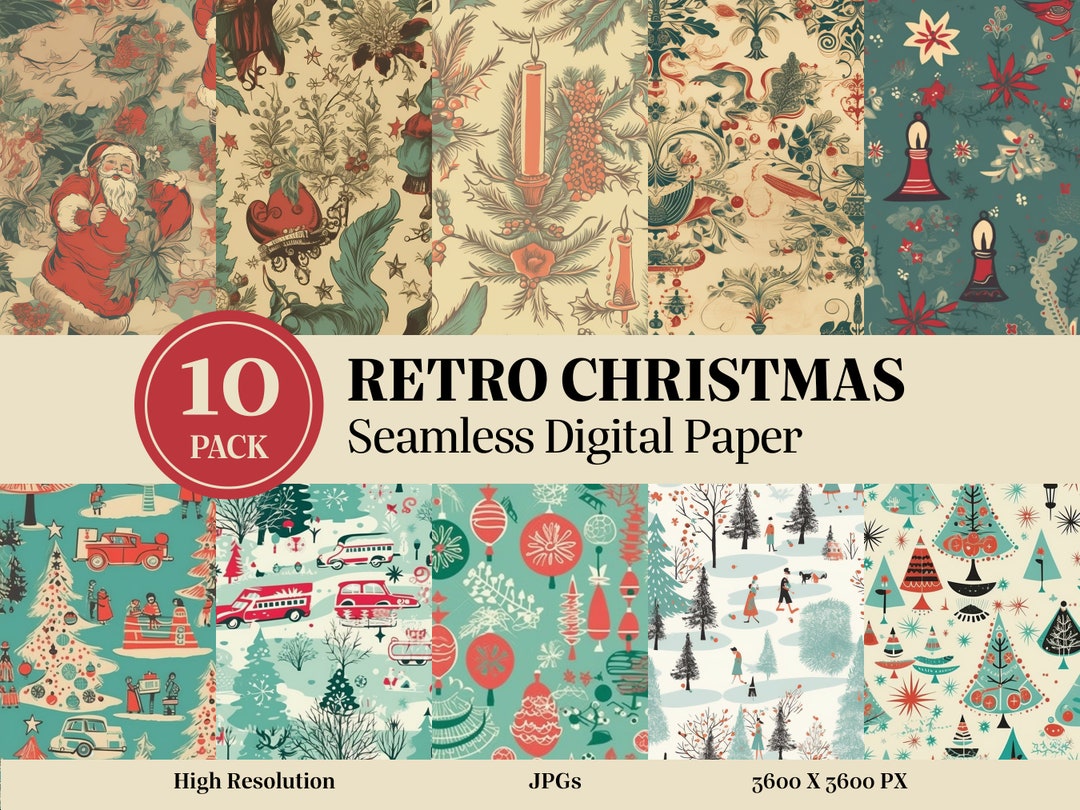 Retro Christmas Digital Paper Pack of 10, Printable Seamless Paper for ...