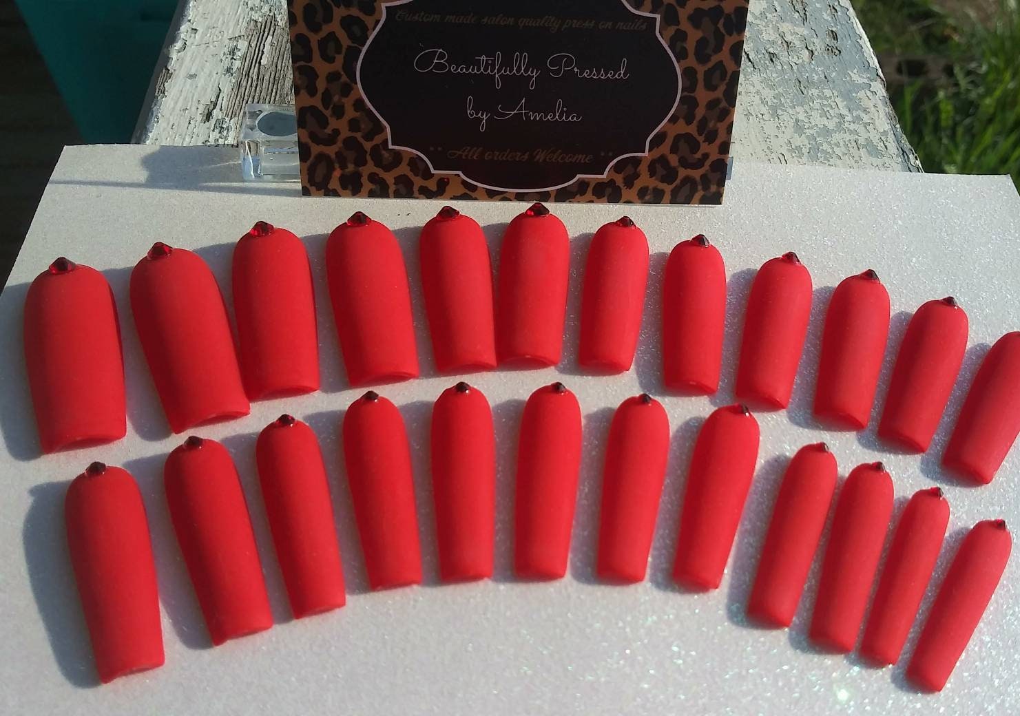 Extra Long Red Matte Acrylic Nails and Red Crystals. No Sizing Ever ...