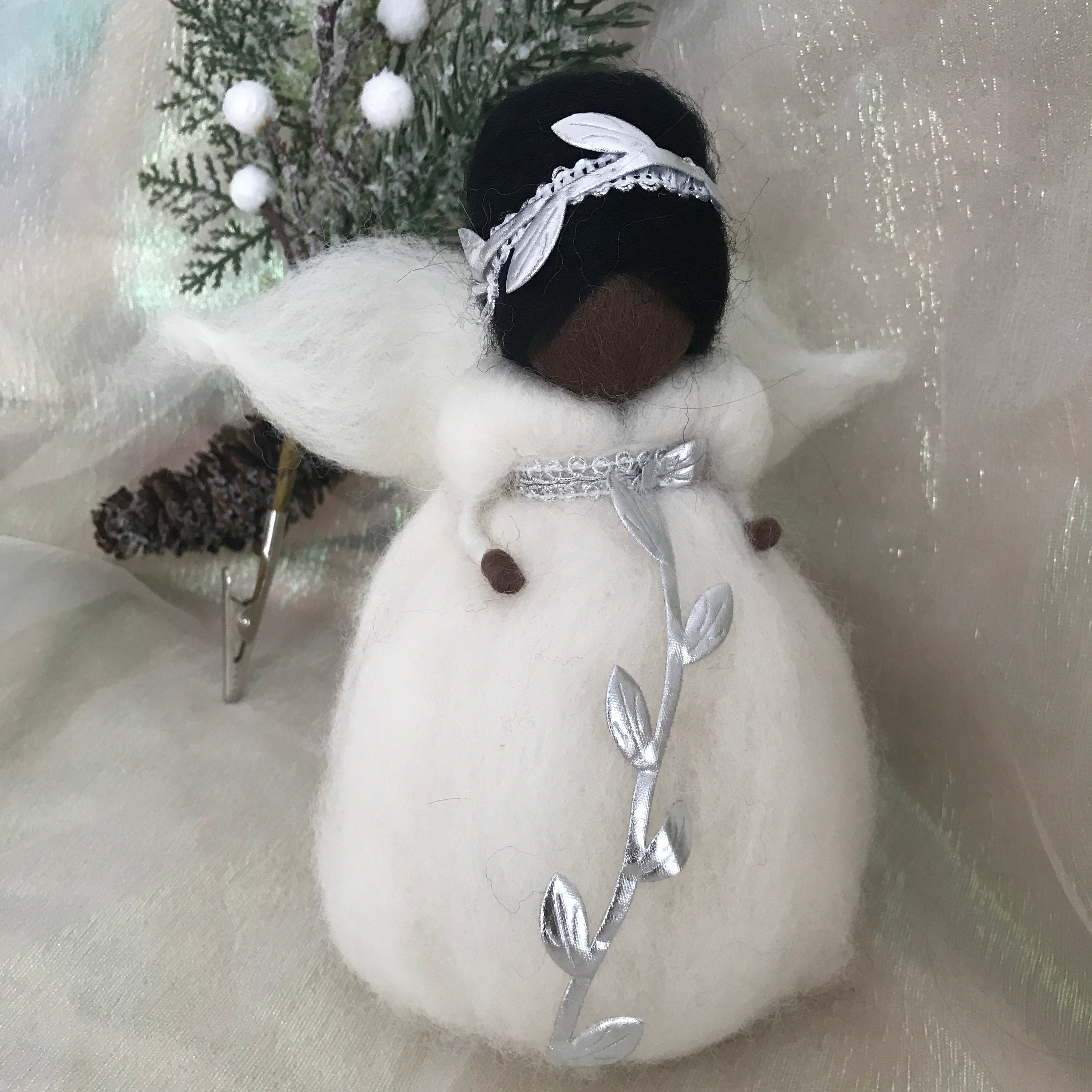 African American Angel Tree Topper in Wool With White and Silver Dress ...