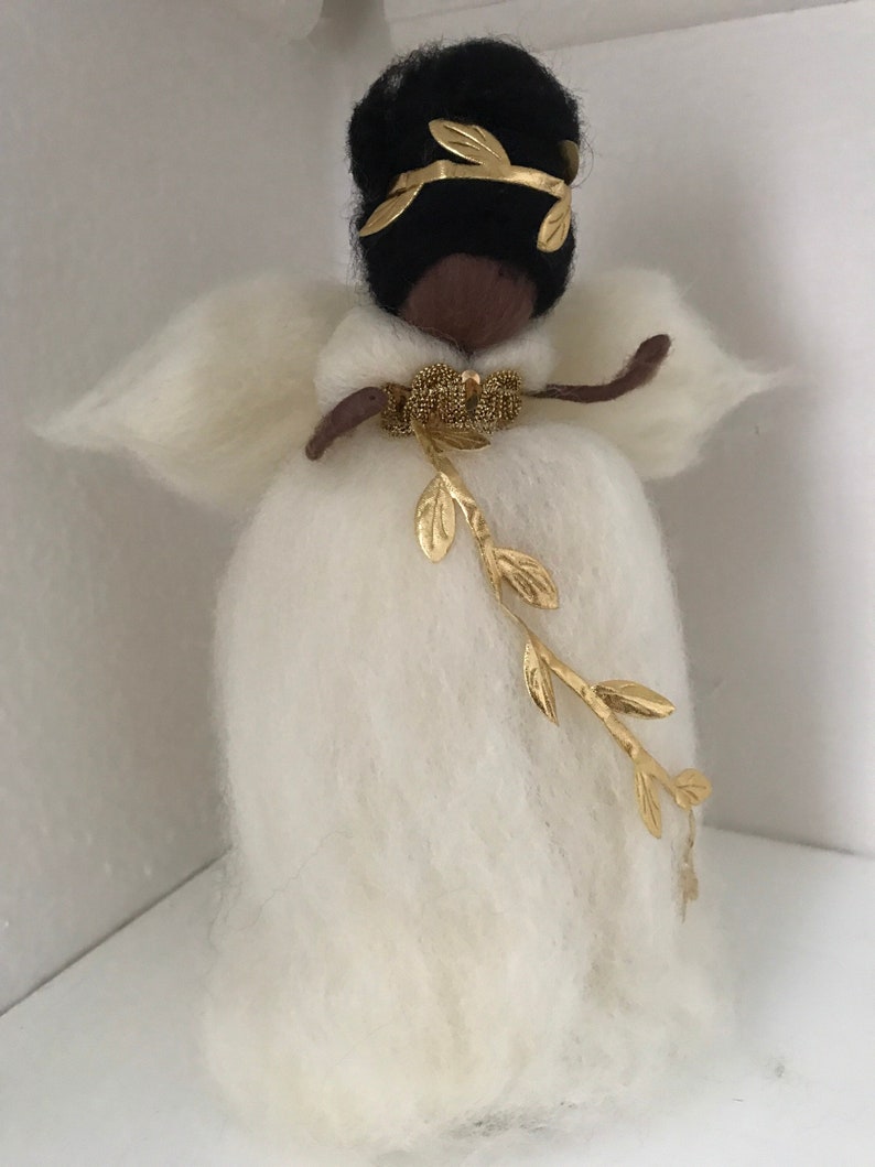 African American Angel Tree Topper in Wool With White and Golden Dress ...