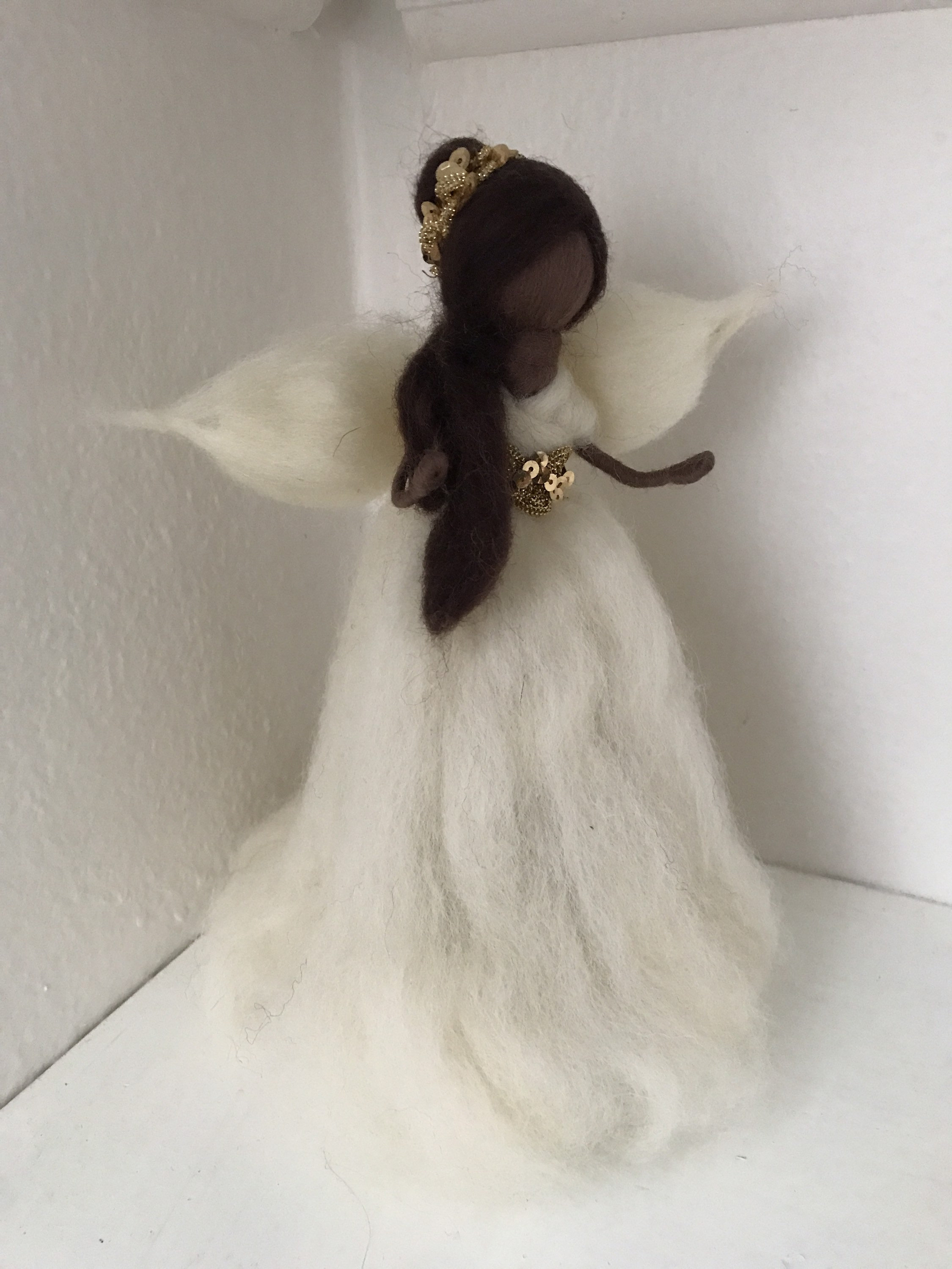 African American Angel Tree Topper in Wool With White and Golden Dress ...