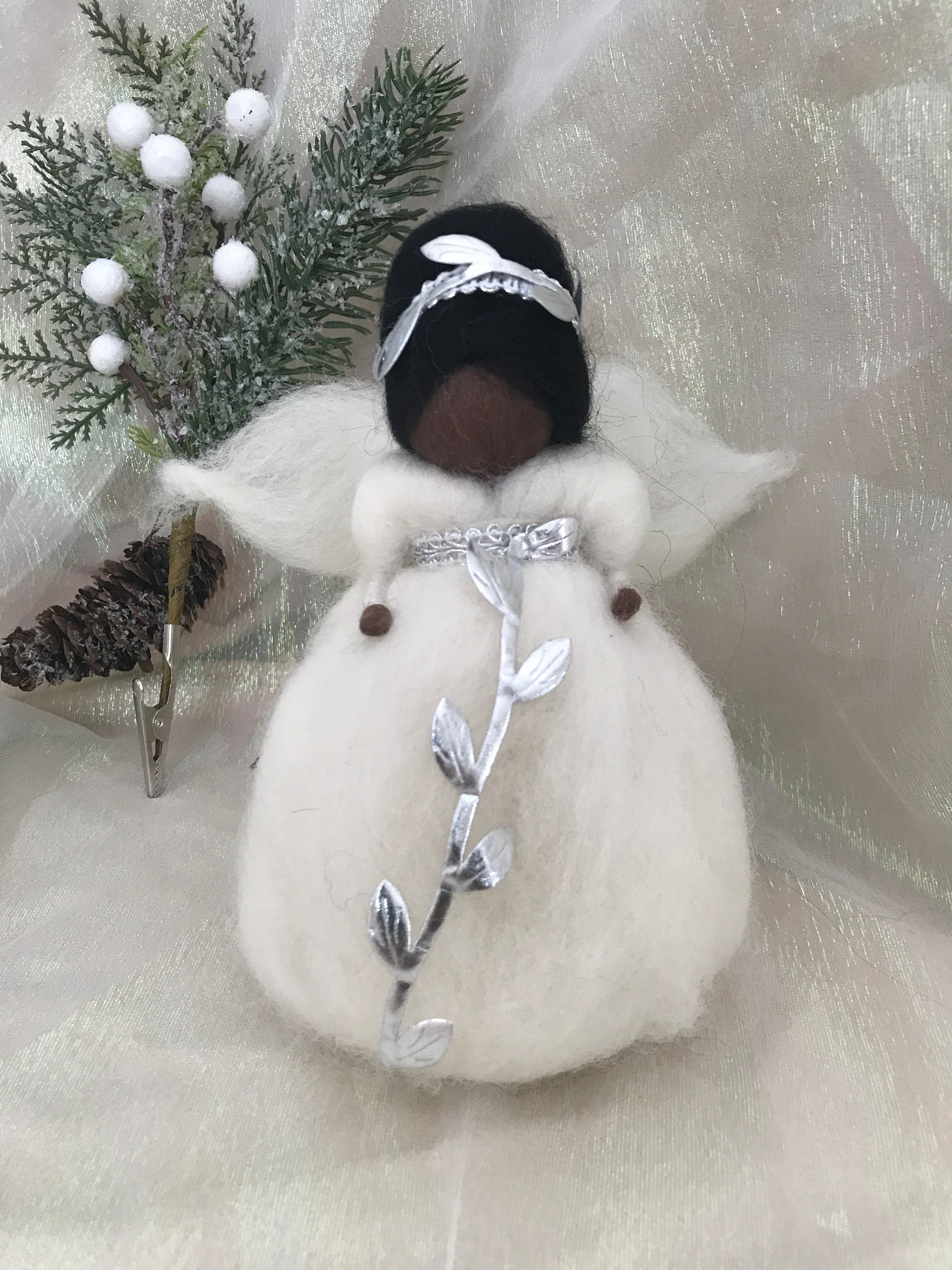 African American Angel Tree Topper in Wool With White and Silver Dress ...