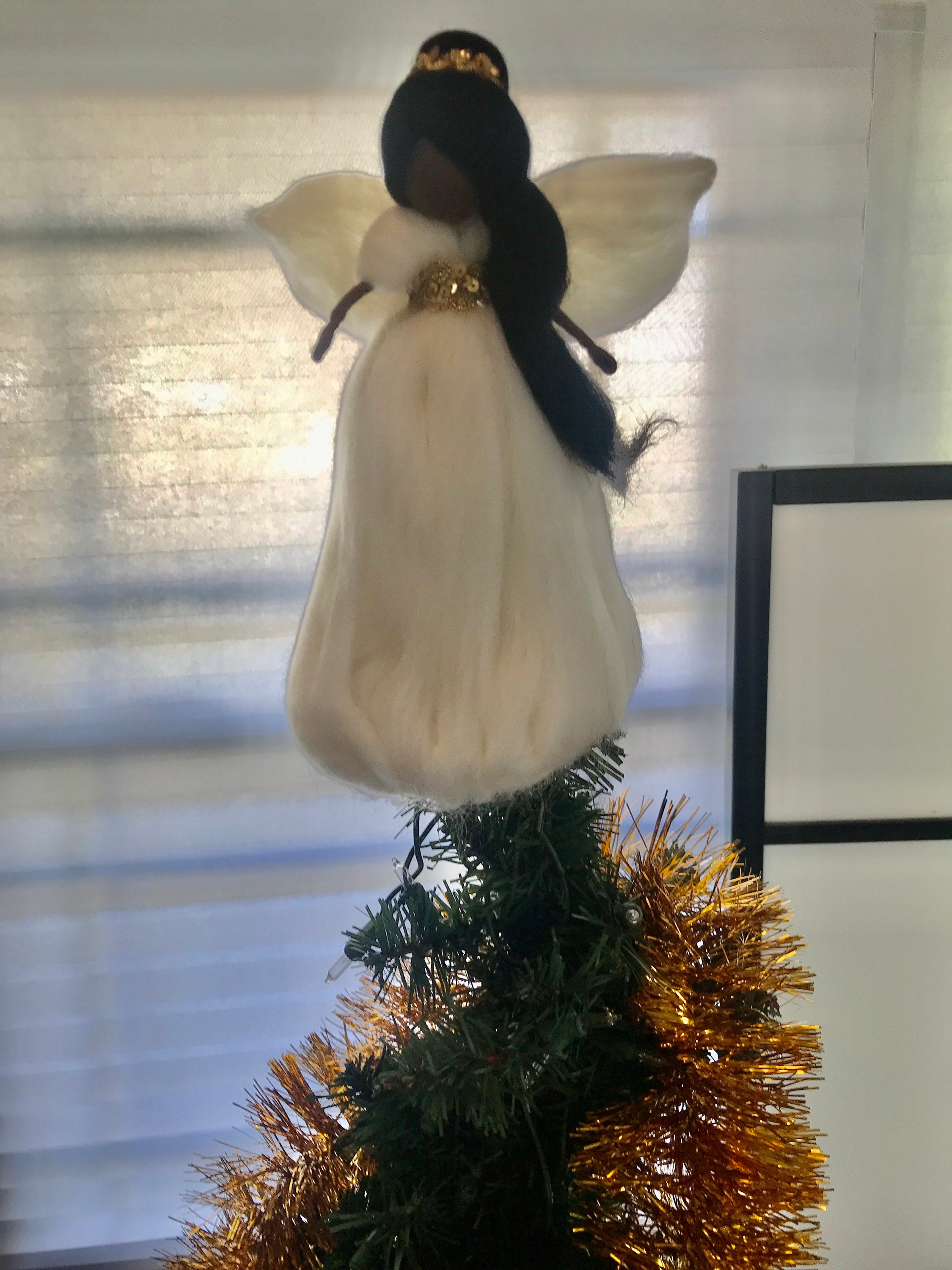 African American Angel Tree Topper in Wool With White and Golden Dress ...