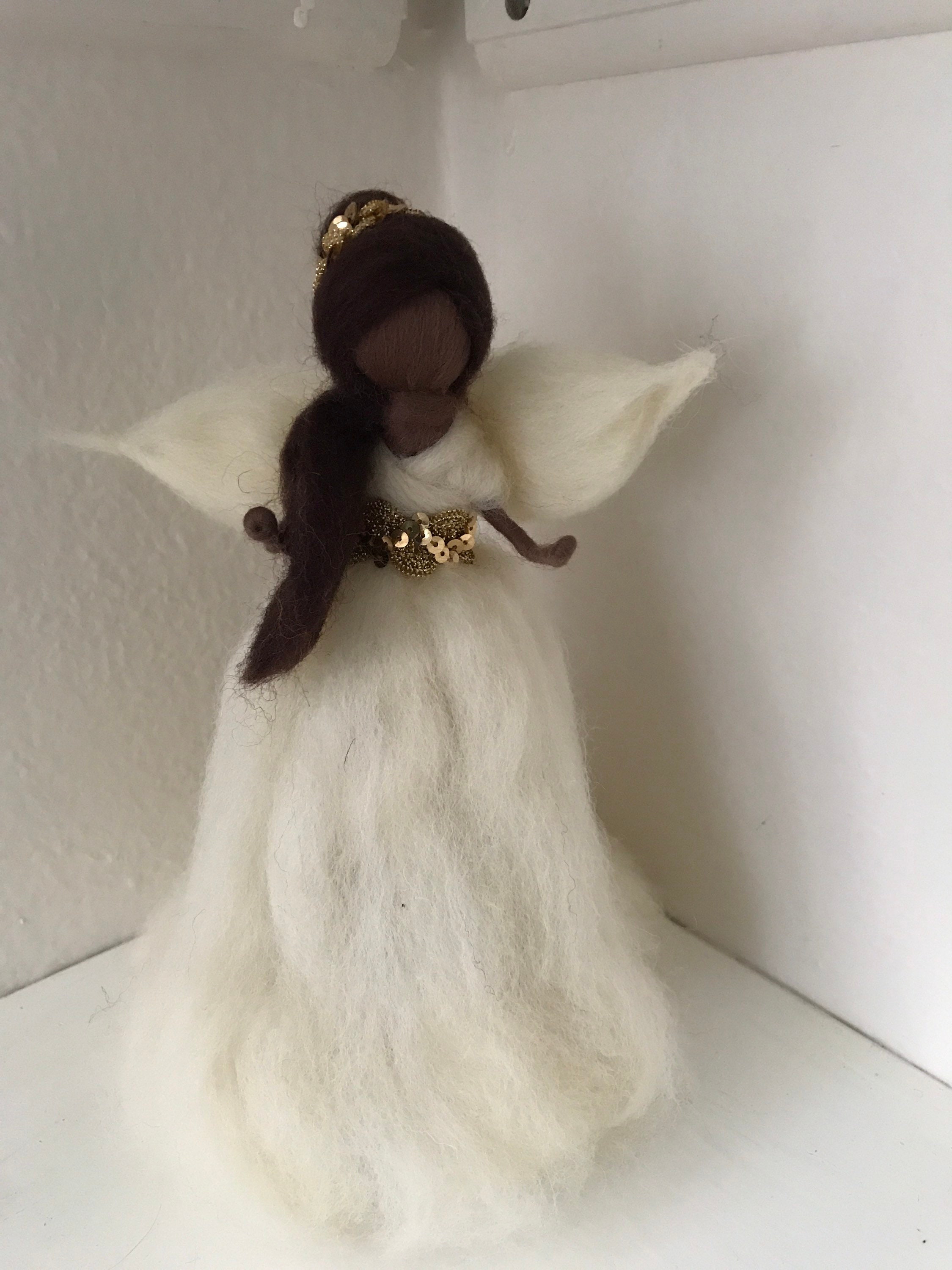 African American Angel Tree Topper in Wool With White and Golden Dress ...