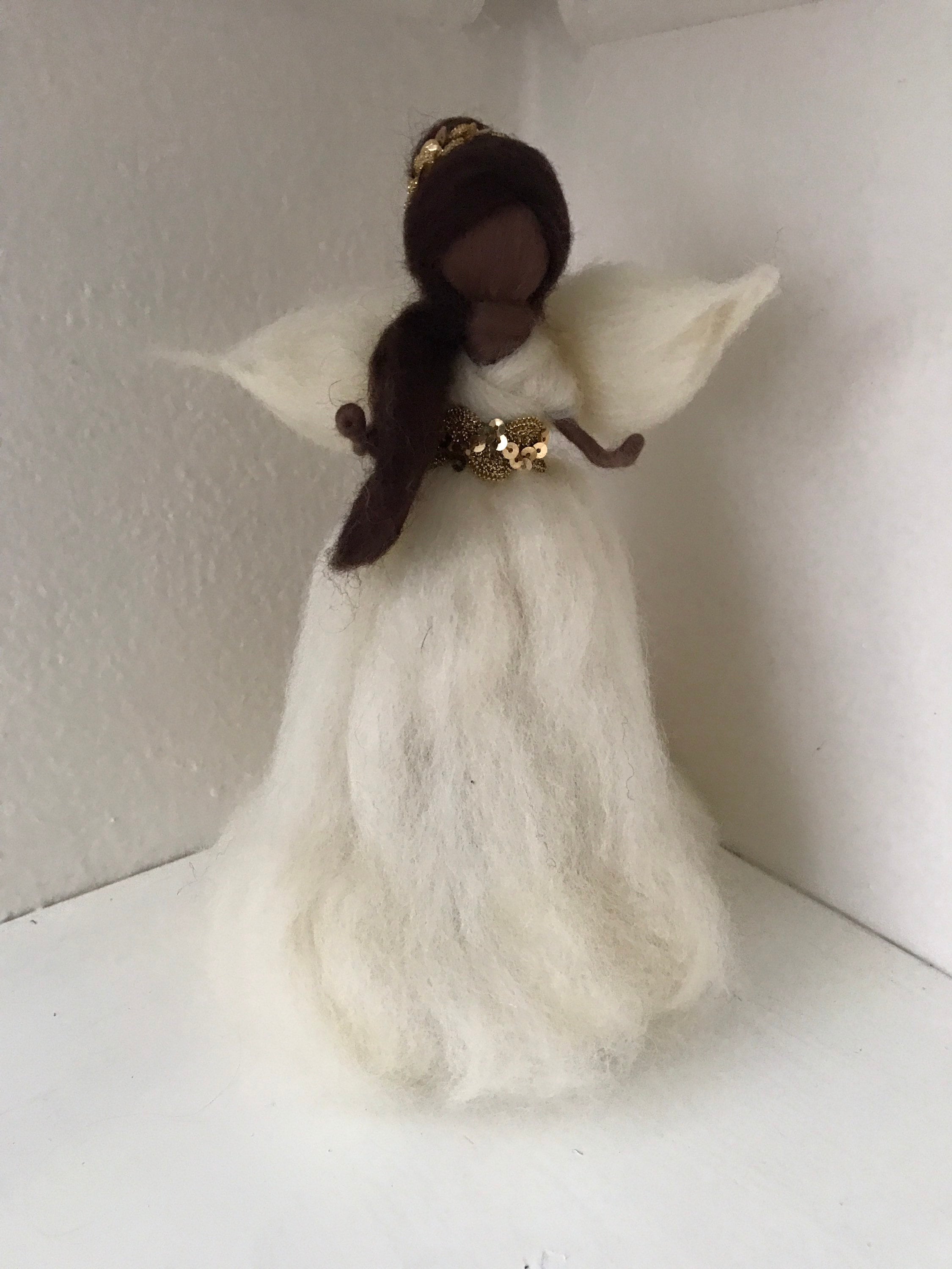 African American Angel Tree Topper in Wool With White and Golden Dress ...