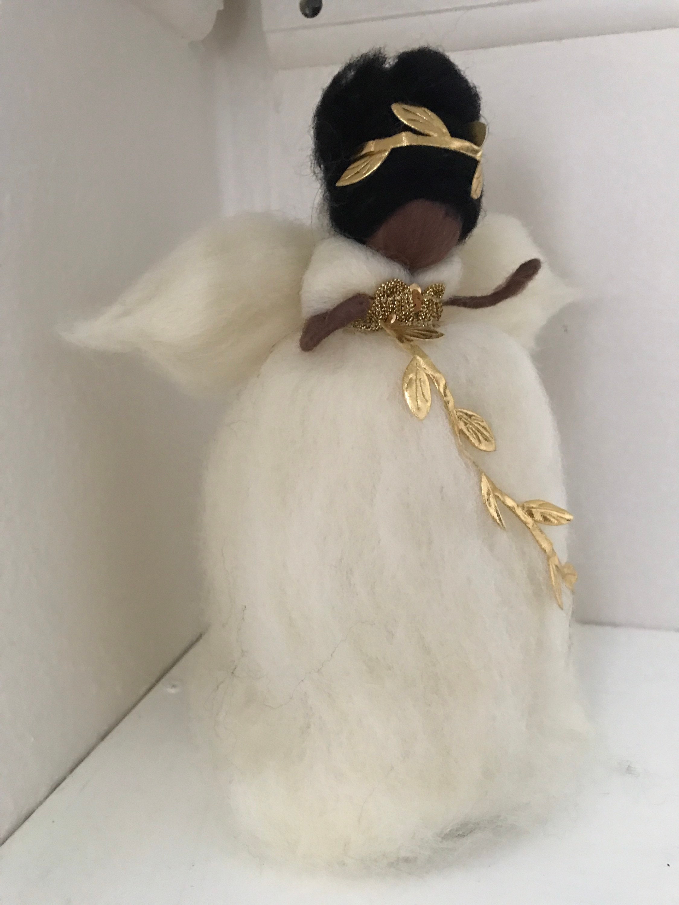 African American Angel Tree Topper in Wool With White and Golden Dress ...