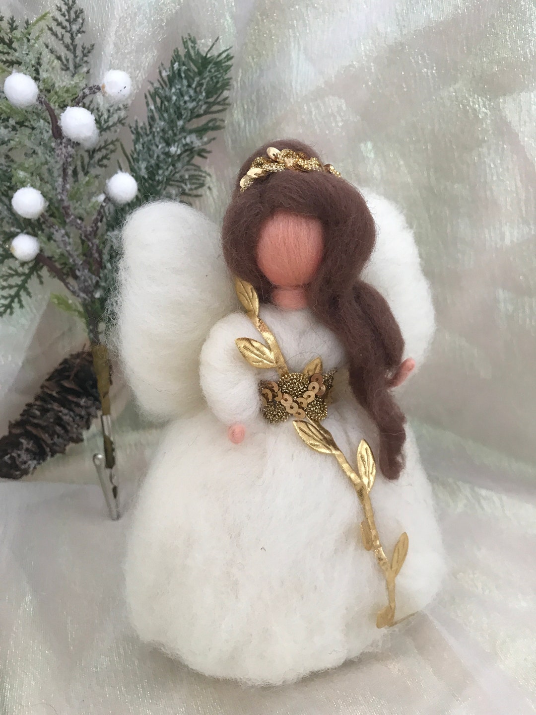 Little Wool Angel Tree Topper, White With Golden Dress. - Etsy