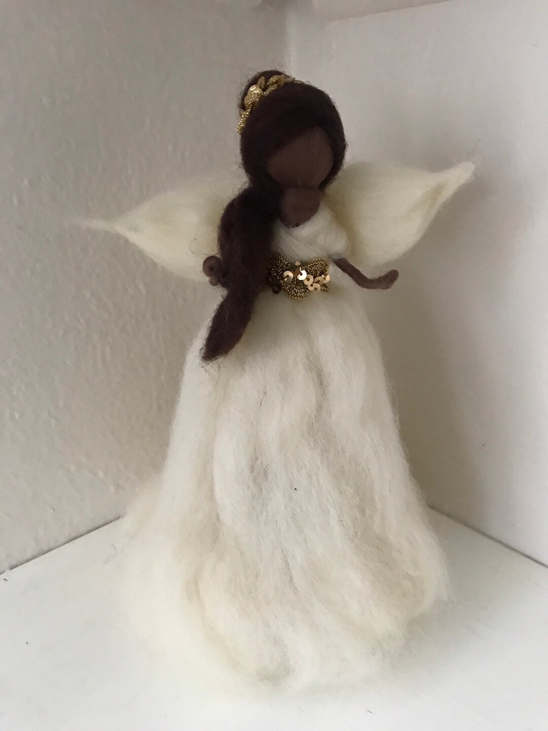 African American Angel Tree Topper in Wool With White and Golden Dress ...