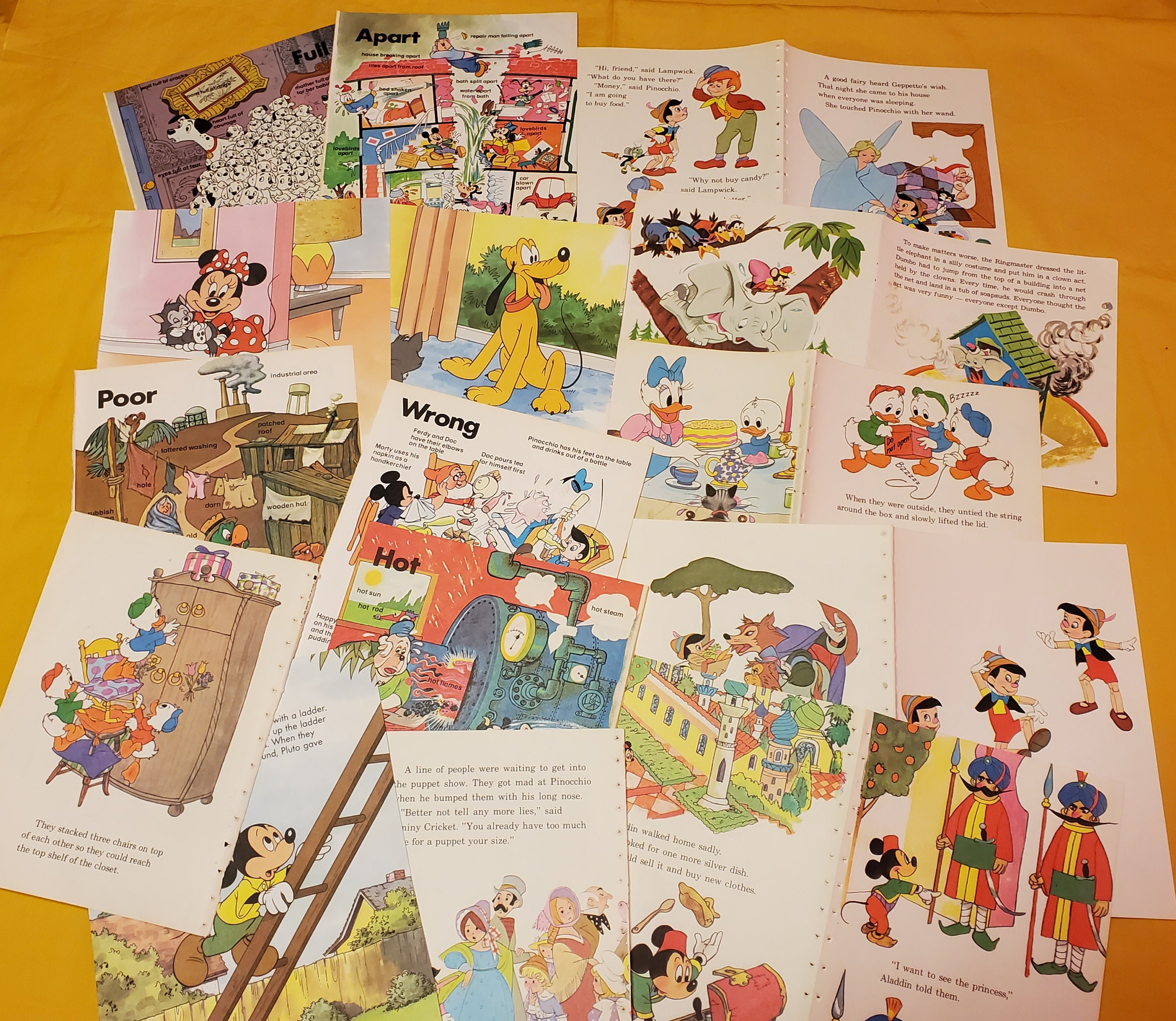Disney Book Pages, Lot of 40, Mickey Mouse, Donald Duck, Pinocchio ...
