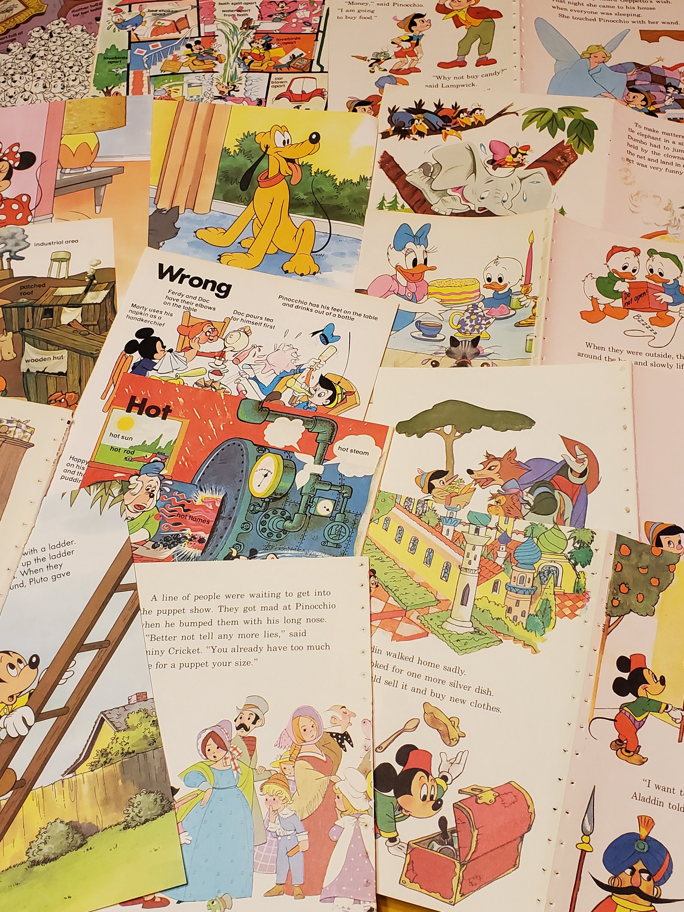 Disney Book Pages, Lot of 40, Mickey Mouse, Donald Duck, Pinocchio ...