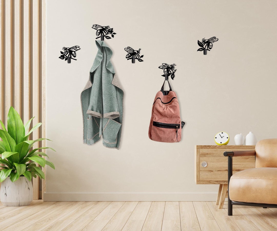 Bee Metal Wall Hooks, Set of 5 Decorative Wall Hooks, Black Key Holder ...