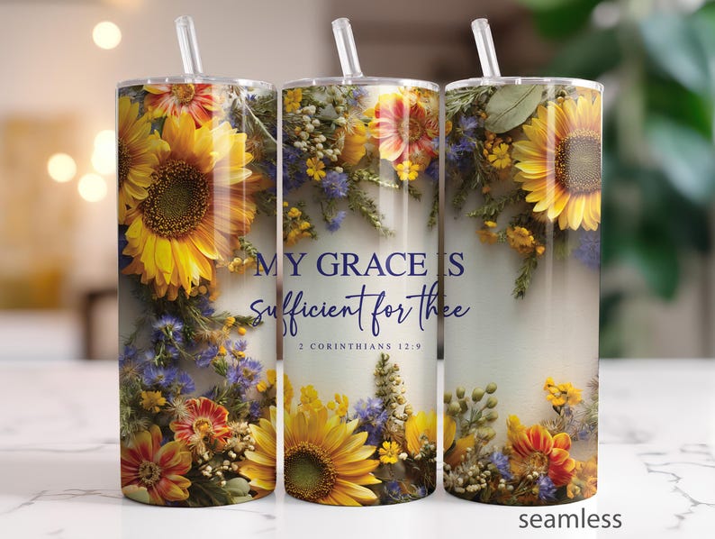 Floral Scripture Seamless 20oz Tumbler Wrap PNG, My Grace is Sufficient ...