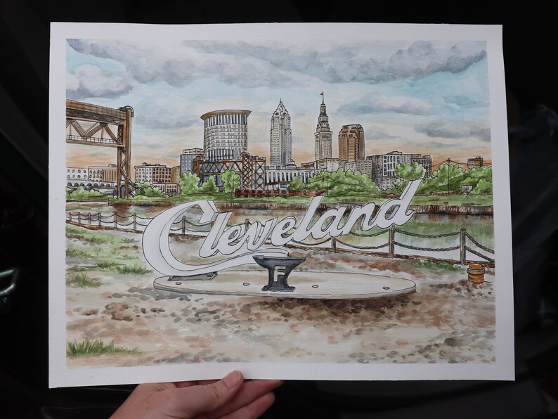 Cleveland Skyline 8x10 and 11x14 Inch Watercolor Cleveland Ohio Art ...