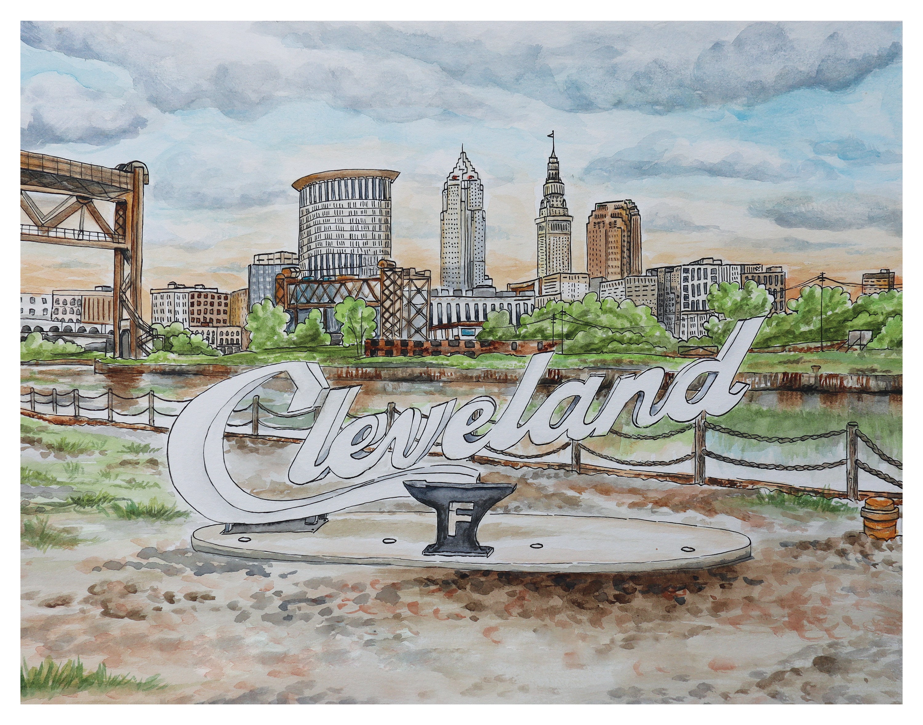 Cleveland Skyline 8x10 and 11x14 Inch Watercolor Cleveland Ohio Art ...