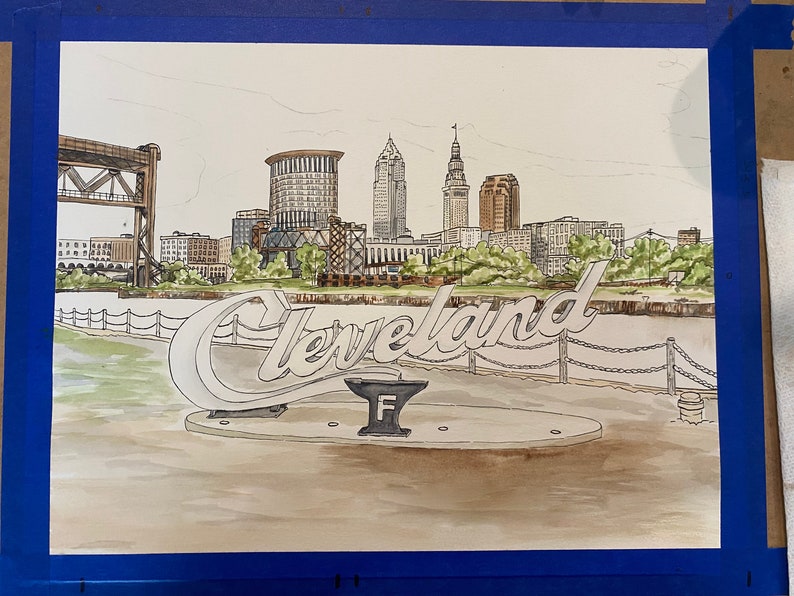 Cleveland Skyline | 8x10 and 11x14 Inch | Watercolor Cleveland Ohio Art ...