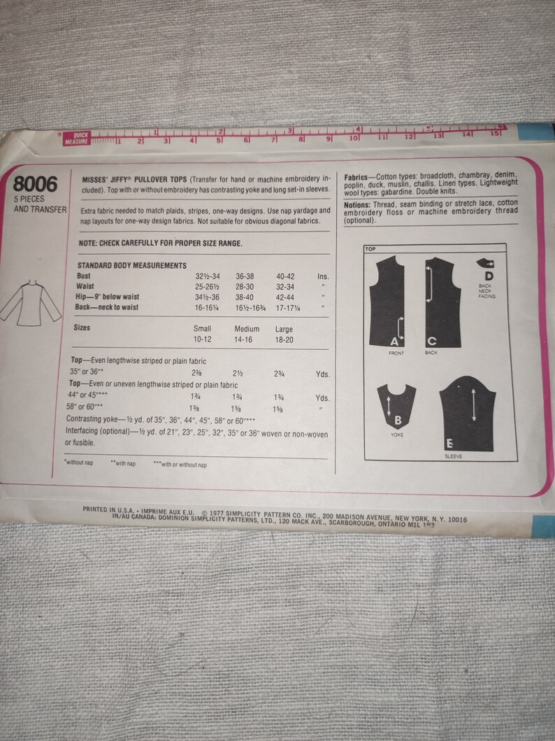 Vintage 1977 Simplicity Jiffy Pattern 8006 Pullover Top Sewing Pattern ...