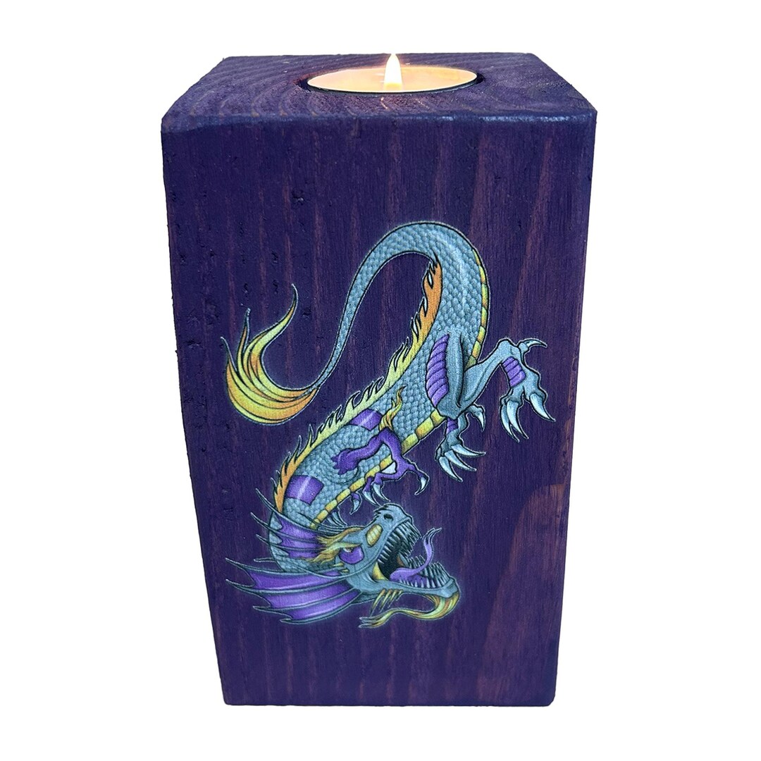 Dragon Candle Holder, Mythical Creature, Stained Wood Block, 6 Inches ...
