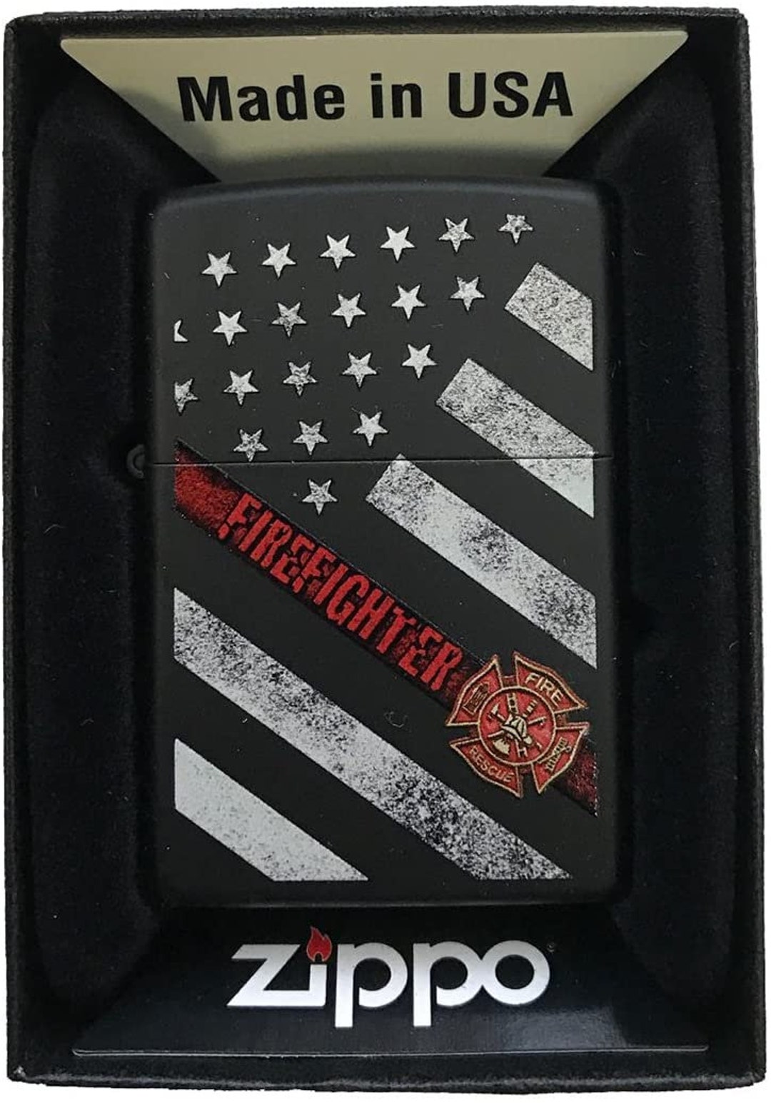 Zippo Custom Lighter - Red Line Firefighter USA Flag & Support - Black ...