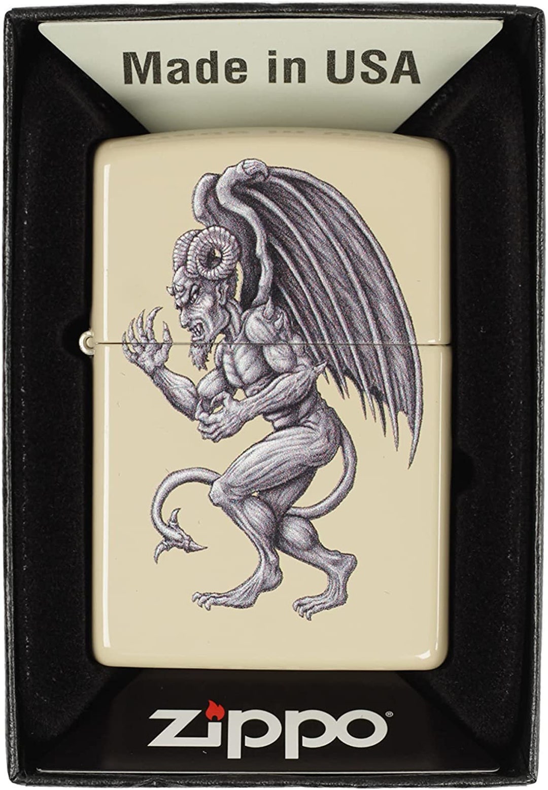 Zippo Custom Lighter Demon Gargoyle Winged Horror Monster Cream Matte ...