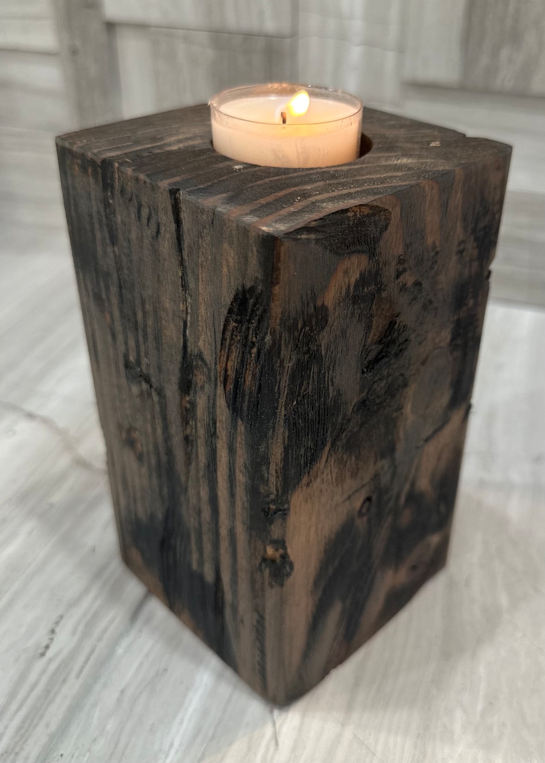 6" Rustic Farmhouse Distressed Weathered Wood Block - Single Tea Light ...