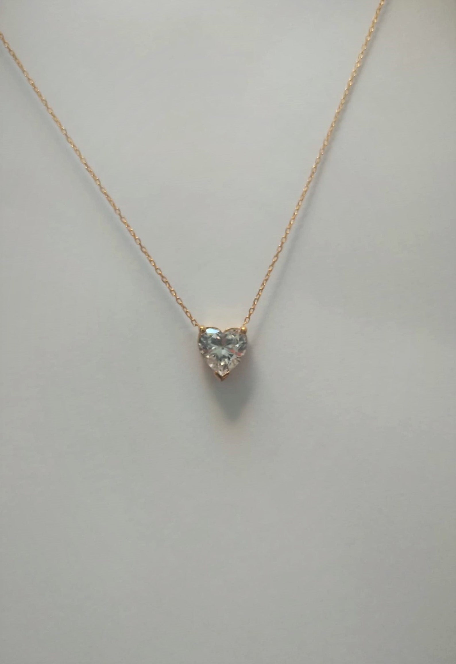 14K Solid Gold Heart Necklace: CZ Solitaire Love Pendant - Etsy