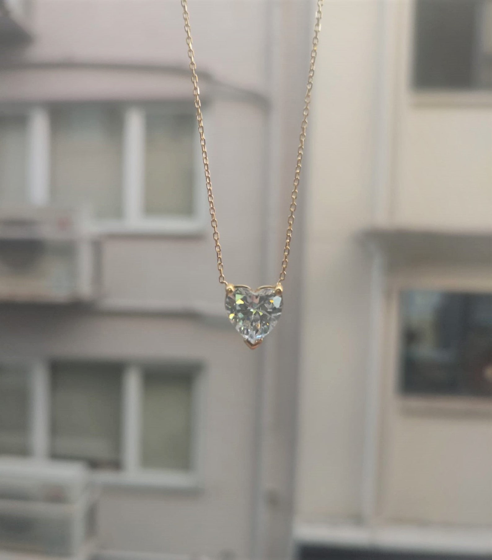 14K Solid Gold Heart Necklace: CZ Solitaire Love Pendant - Etsy