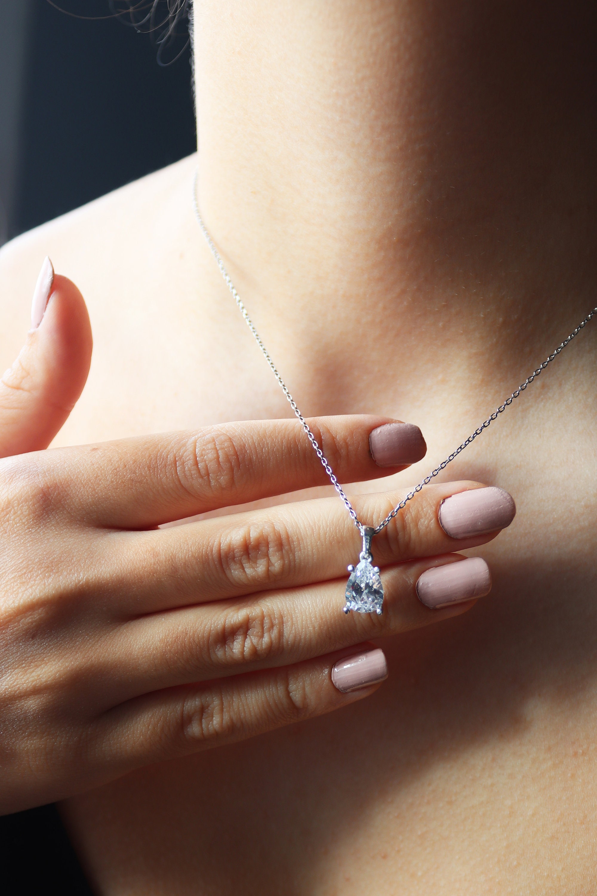 14K Solid Gold 3ct Pear Shaped Necklace , Solitaire Necklace 14K Solid Gold 3ct Pear Shaped Necklace , Solitaire Necklace
