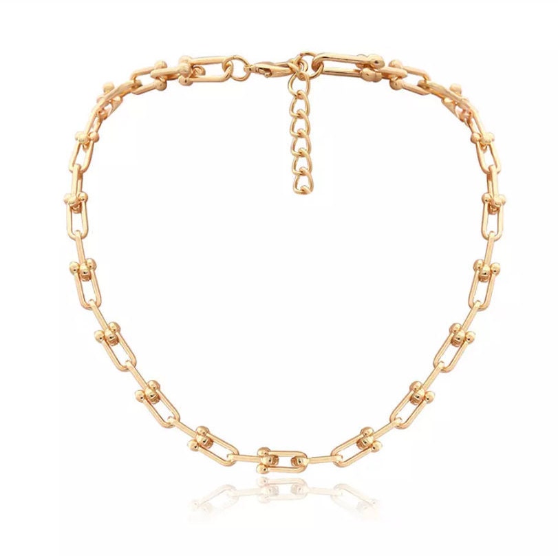 Thick Gold Color Link Choker, Link Chain Necklace, , Rectangle Chain ...