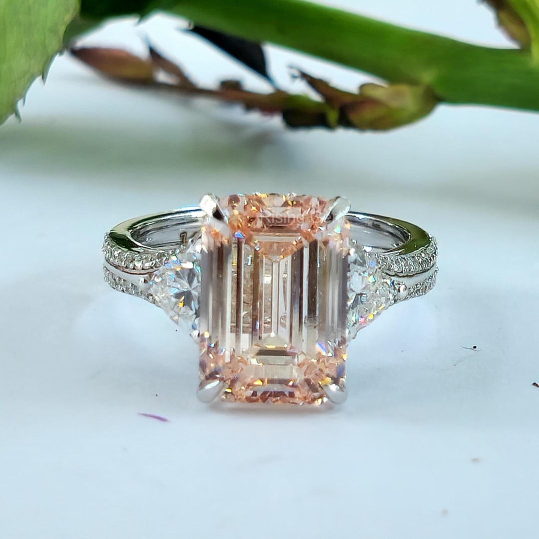 Intense Pink Emerald Cut Lab Grown Diamond Three Stone Engagement Ring ...