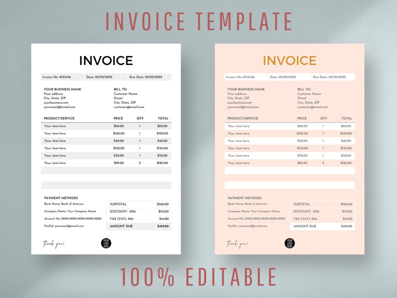Editable Invoice Template Printable Business Invoice Custom - Etsy