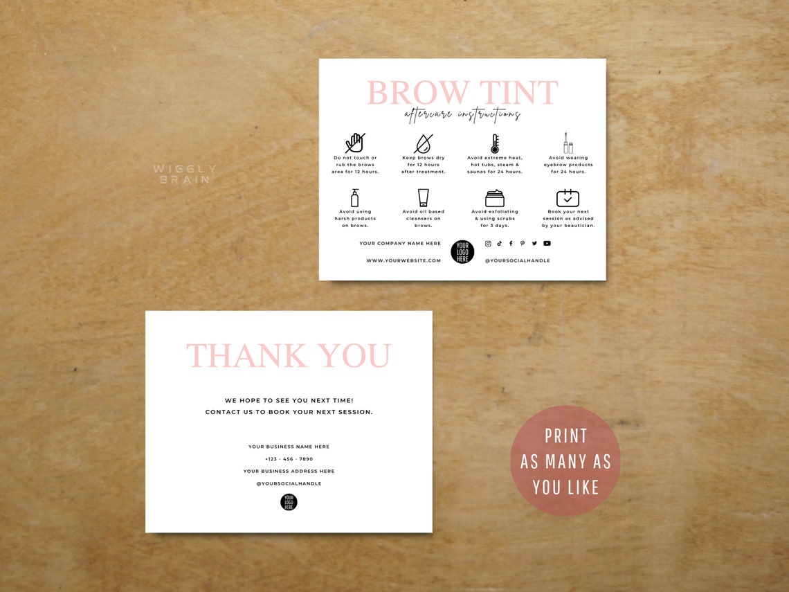 Editable Brow Tint Aftercare Card Template, Brows Tint Post Care Cards ...