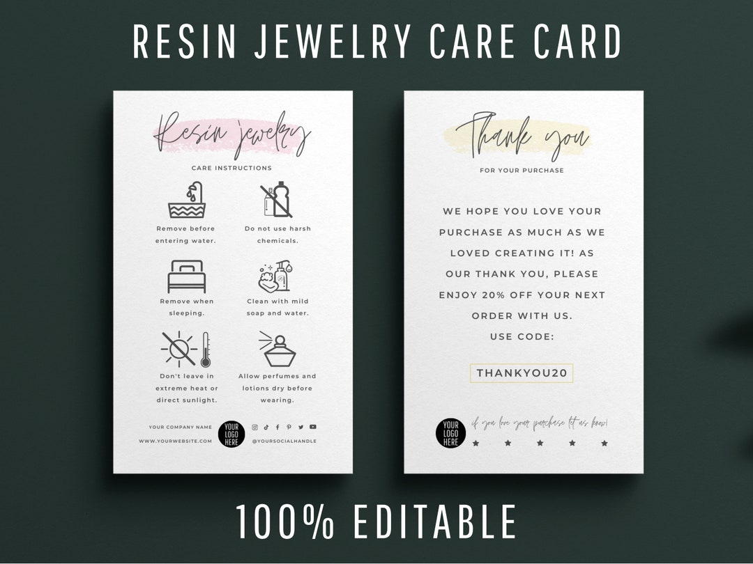 Resin Jewelry Care Card Templates, Printable Resin Care Instructions ...