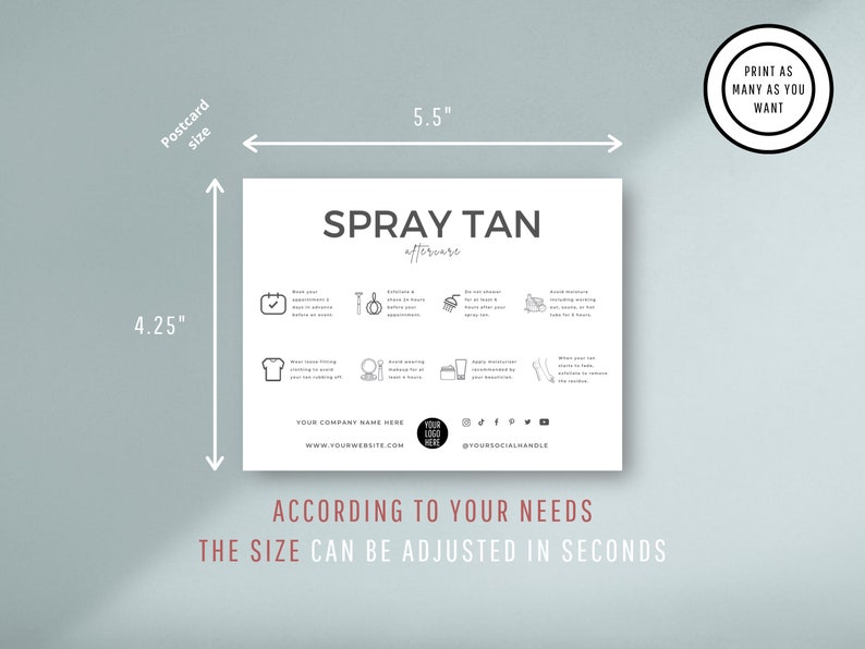 Editable Spray Tan Care Card Template, Tanning Aftercare Instructions ...