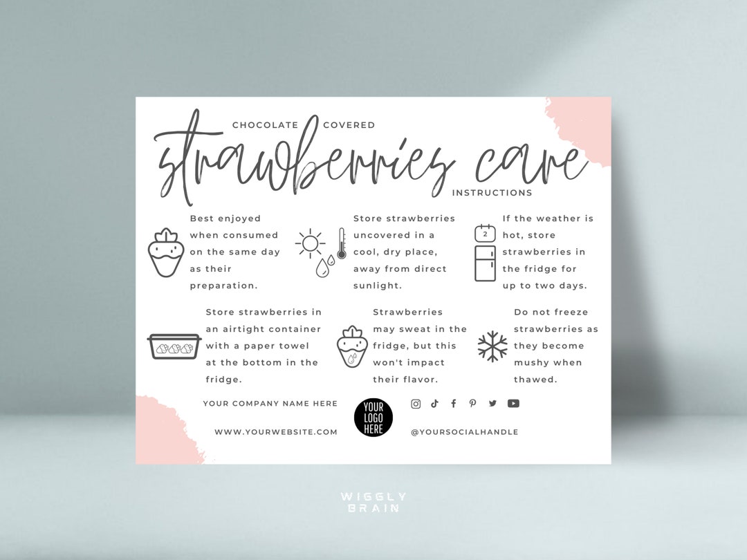 Chocolate Covered Strawberries Care Card Template, Editable Dipped ...