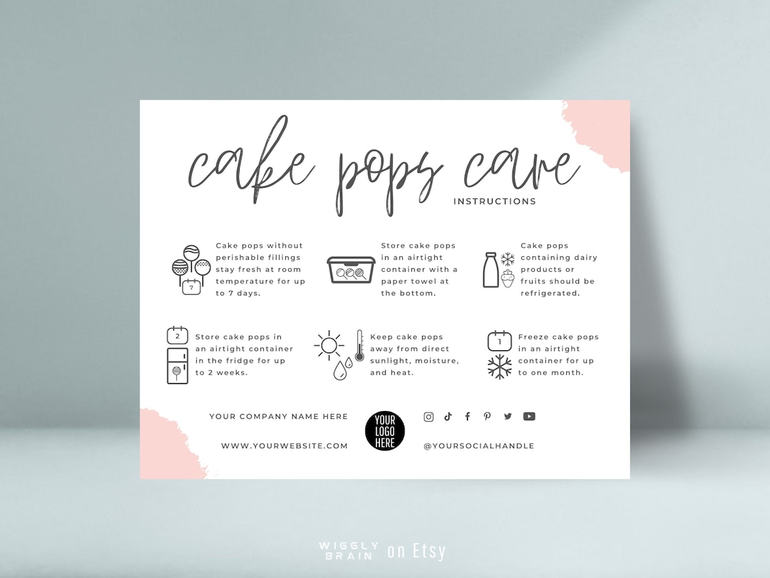 Editable Cake Pops Care Card, Printable Cake Pop Care Instructions Template, Cake Lollipops Care ...