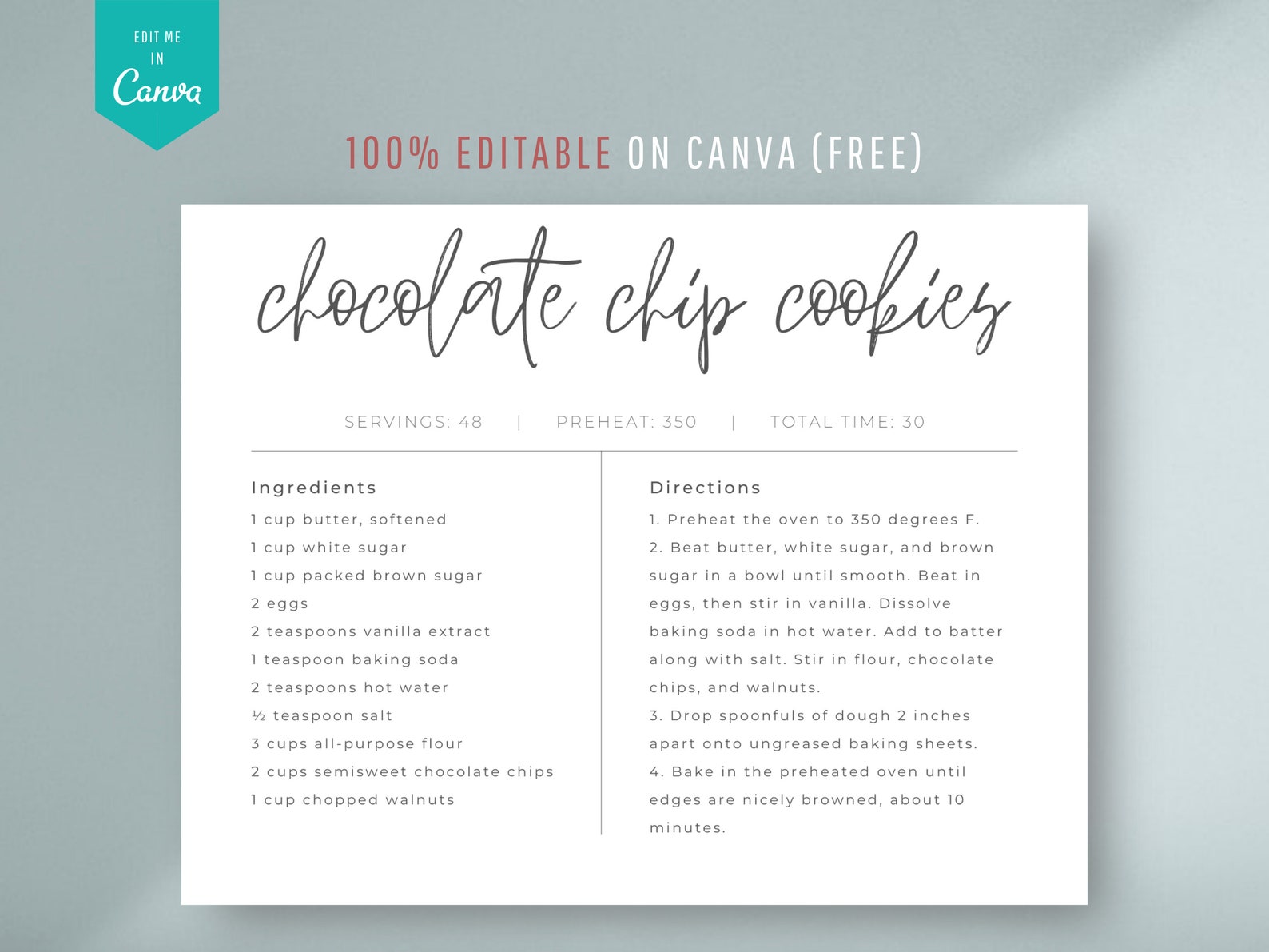Editable Recipe Card Template, Customizable Cooking Instructions Cards ...