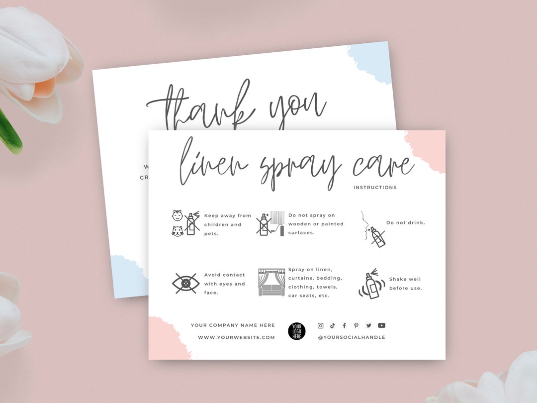 Linen Spray Care Card Template, Printable Fabric Mist Care Instructions ...