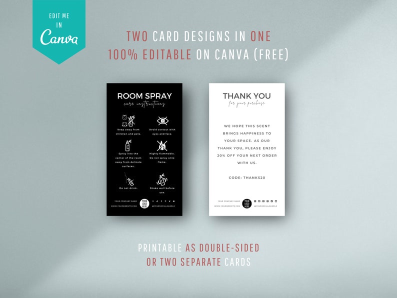 Room Spray Care Card Template, Printable Room Mist Care Instructions ...