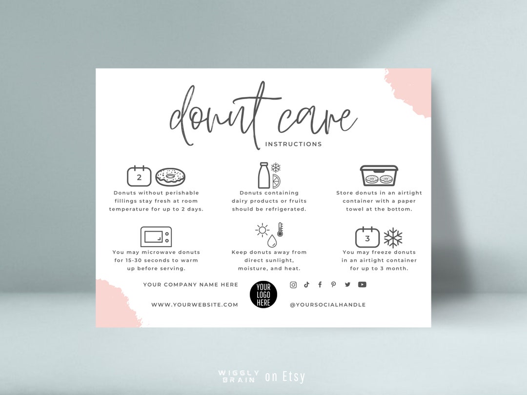 Editable Donuts Care Card Template, Donut Care Instructions Cards ...