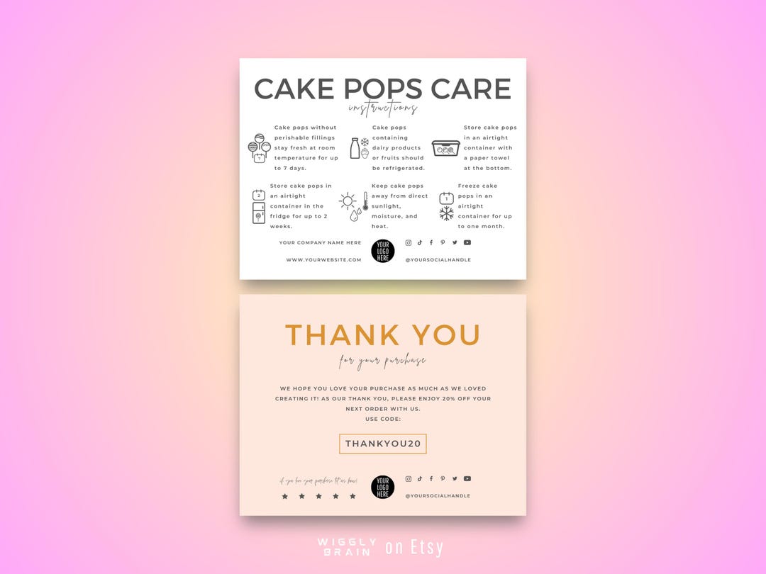 Cake Pops Care Instructions Card Template, Editable Cake Pop Care Card ...